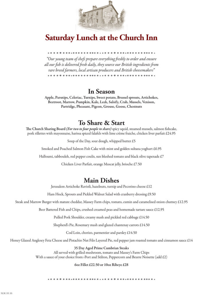 Saturday Lunch Menu | The Church Inn of mobberley
