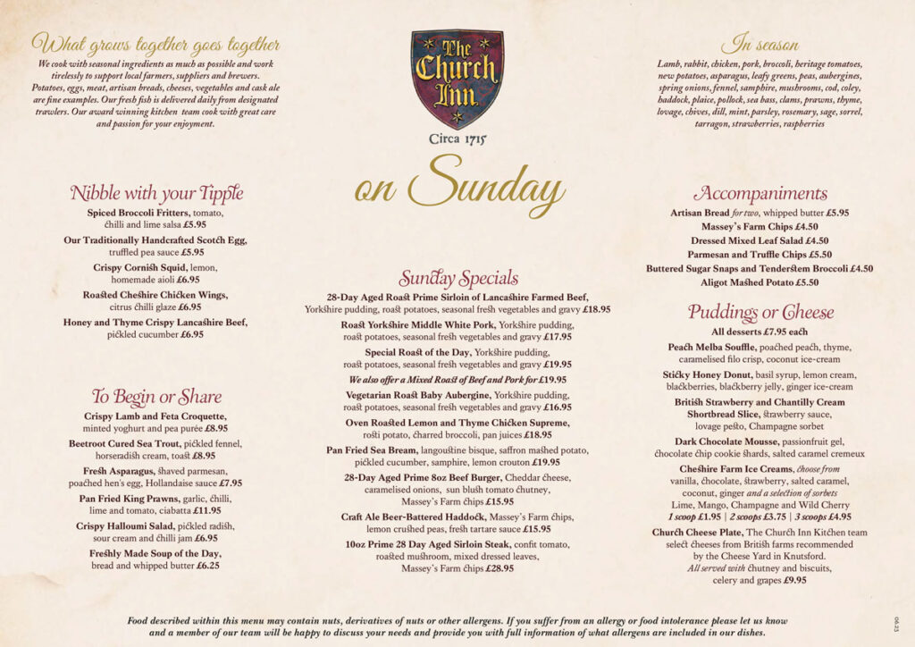 Sunday Menu | The Church Inn of mobberley