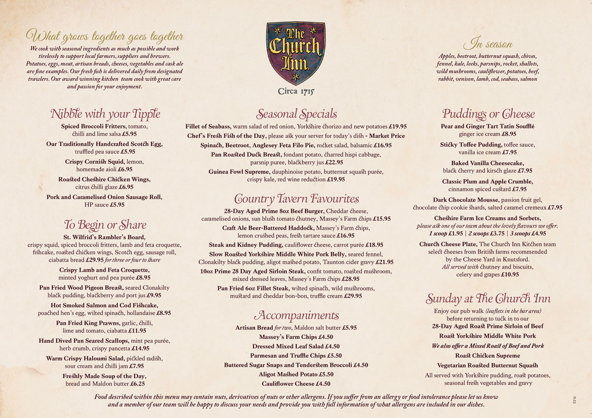 Main Menu | The Church Inn of mobberley