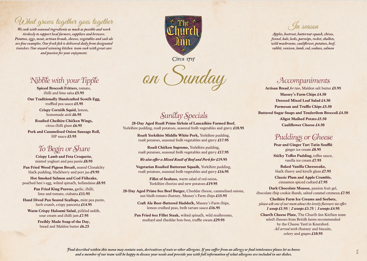 Sunday Menu | The Church Inn of mobberley