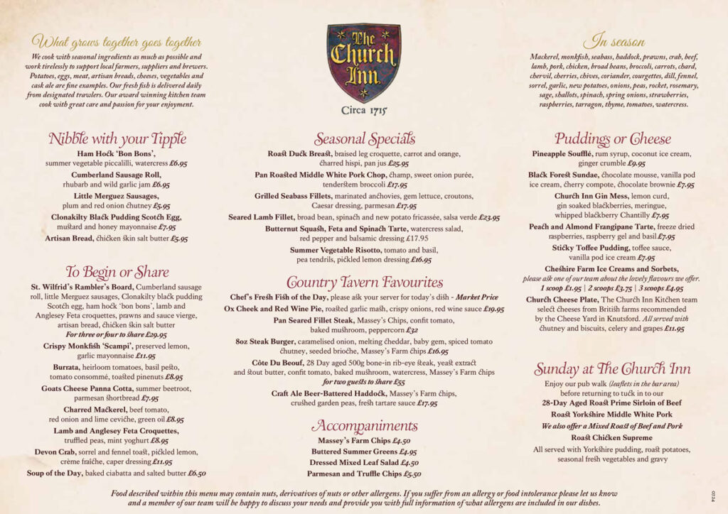 Main Menu | The Church Inn of mobberley